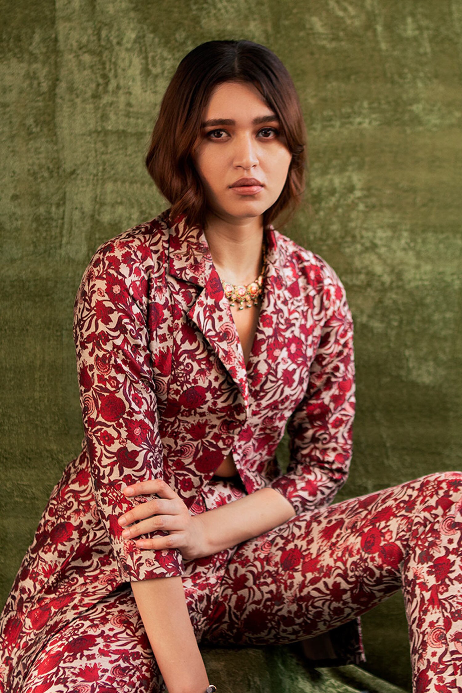 Buy Kritika Murarka Red Cotton Satin Floral Motif Blazer Online | Aza ...