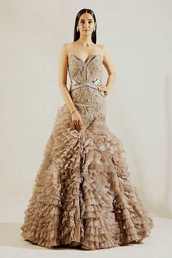Buy Gold Raw Silk Sweetheart Neck Organza Embellished Gown For Women by ...