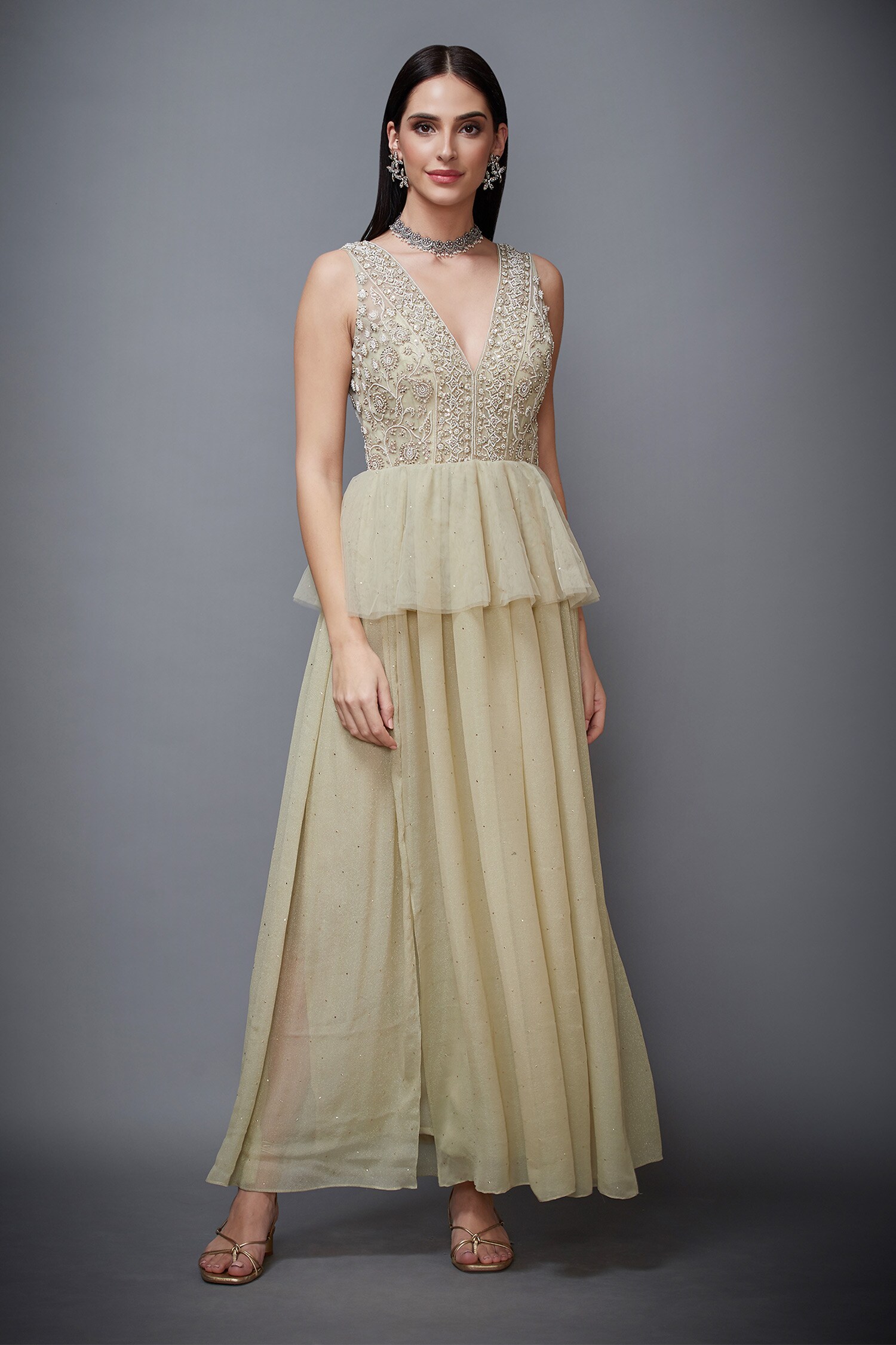 Buy RI.Ritu Kumar Green Net Embroidered Peplum Gown Online | Aza Fashions