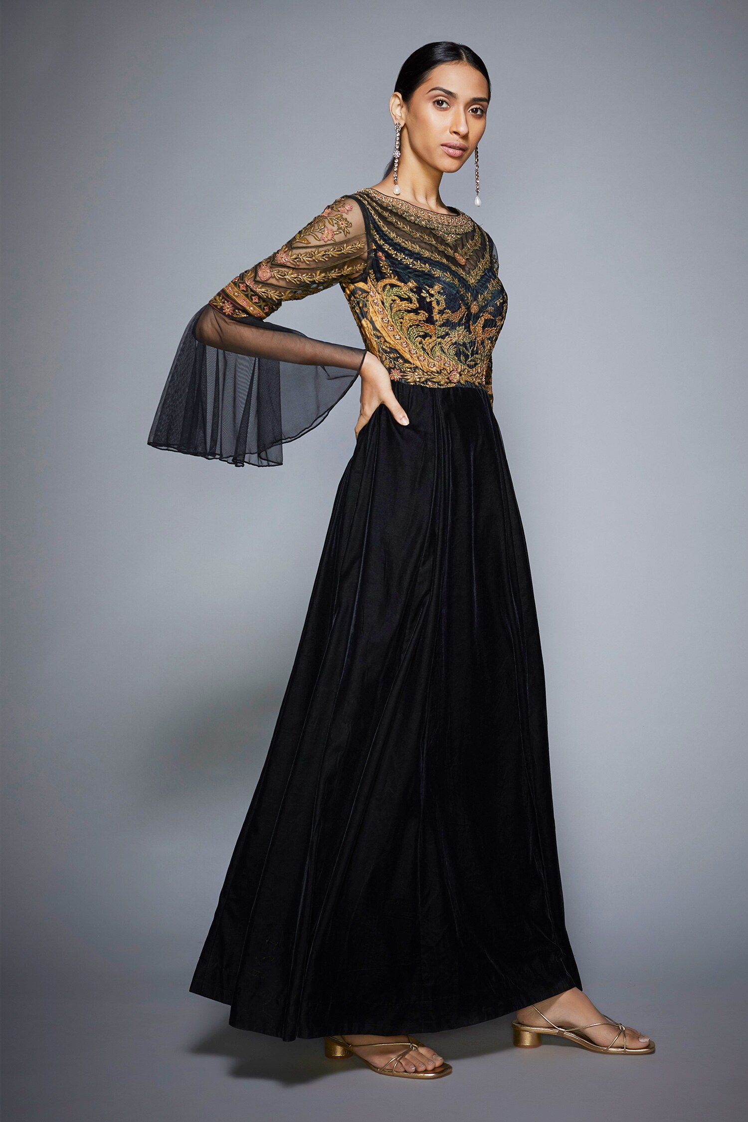 Buy RI.Ritu Kumar Black Micro Velvet Embroidered Gown Online | Aza Fashions