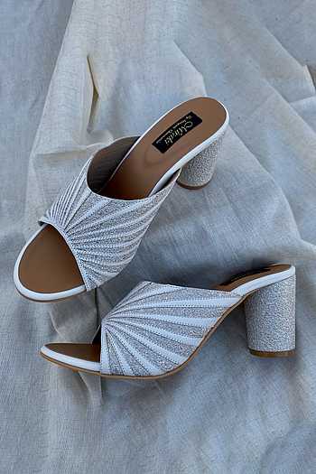 Buy White Embroidered Round Heels by Miraki Online at Aza Fashions.