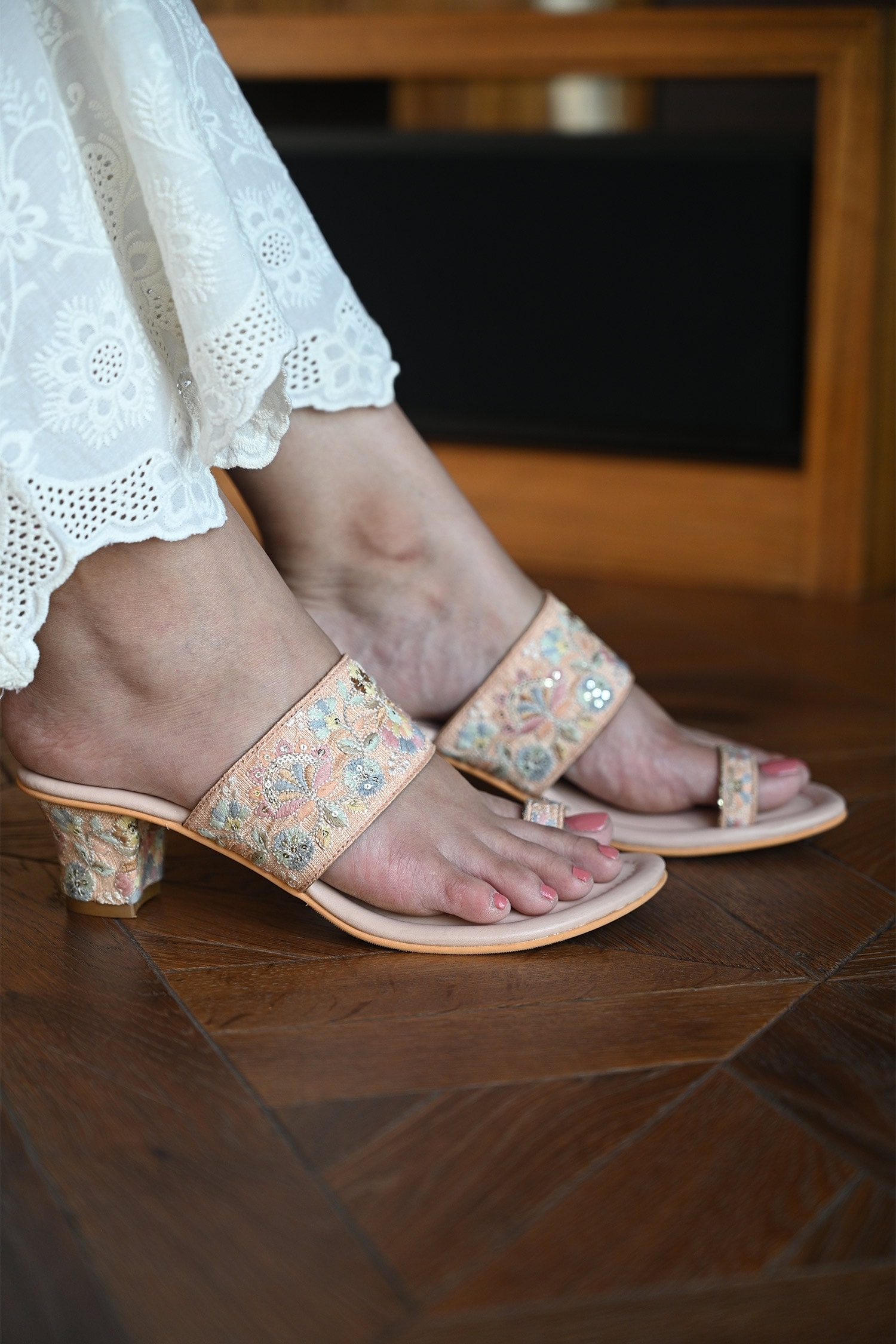 Buy Peach Embroidered Toe Ring Block Heels by Miraki Online at Aza ...