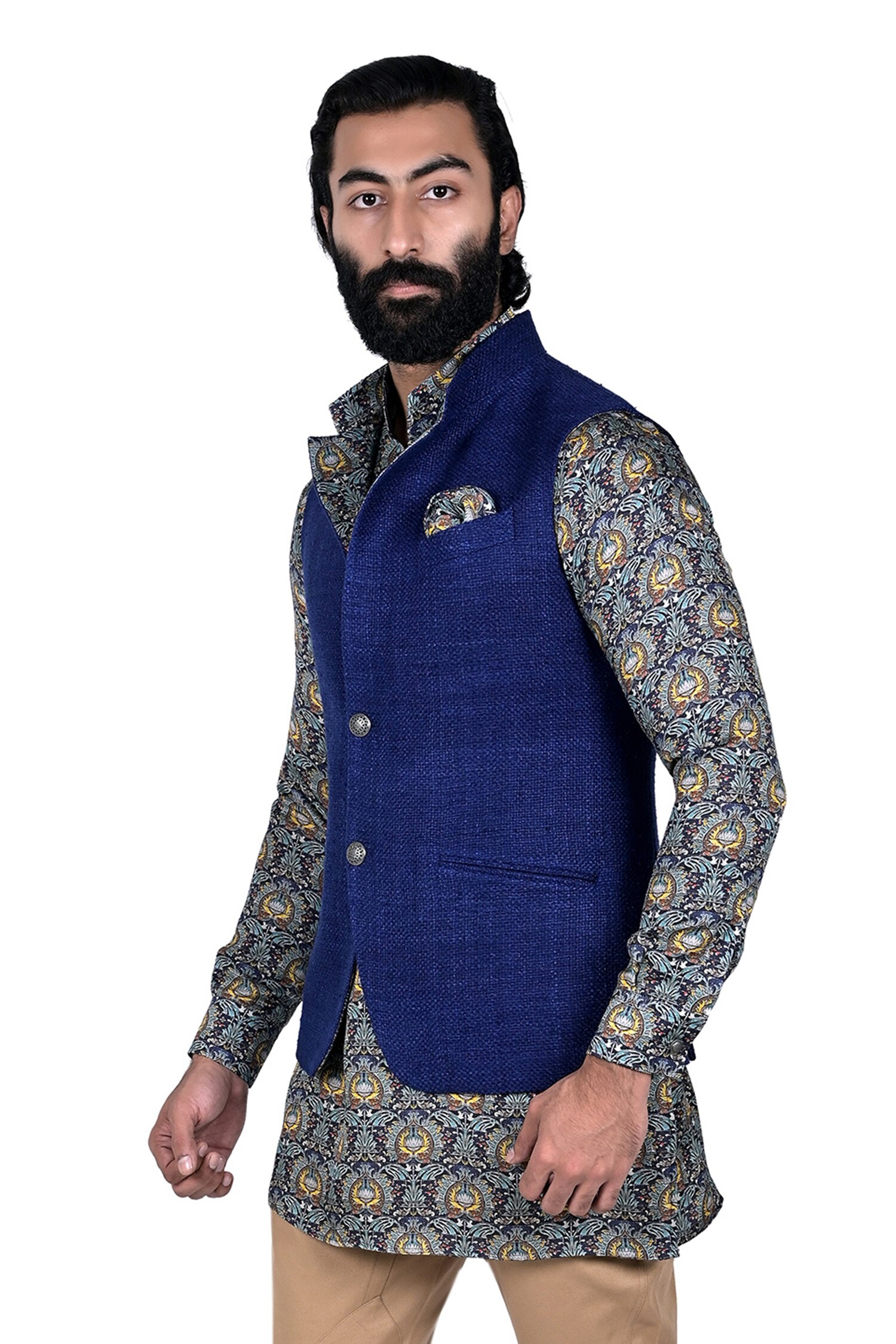 Buy Blue Matka Silk Textured Nehru Jacket For Men by Rohit Kamra Jaipur ...