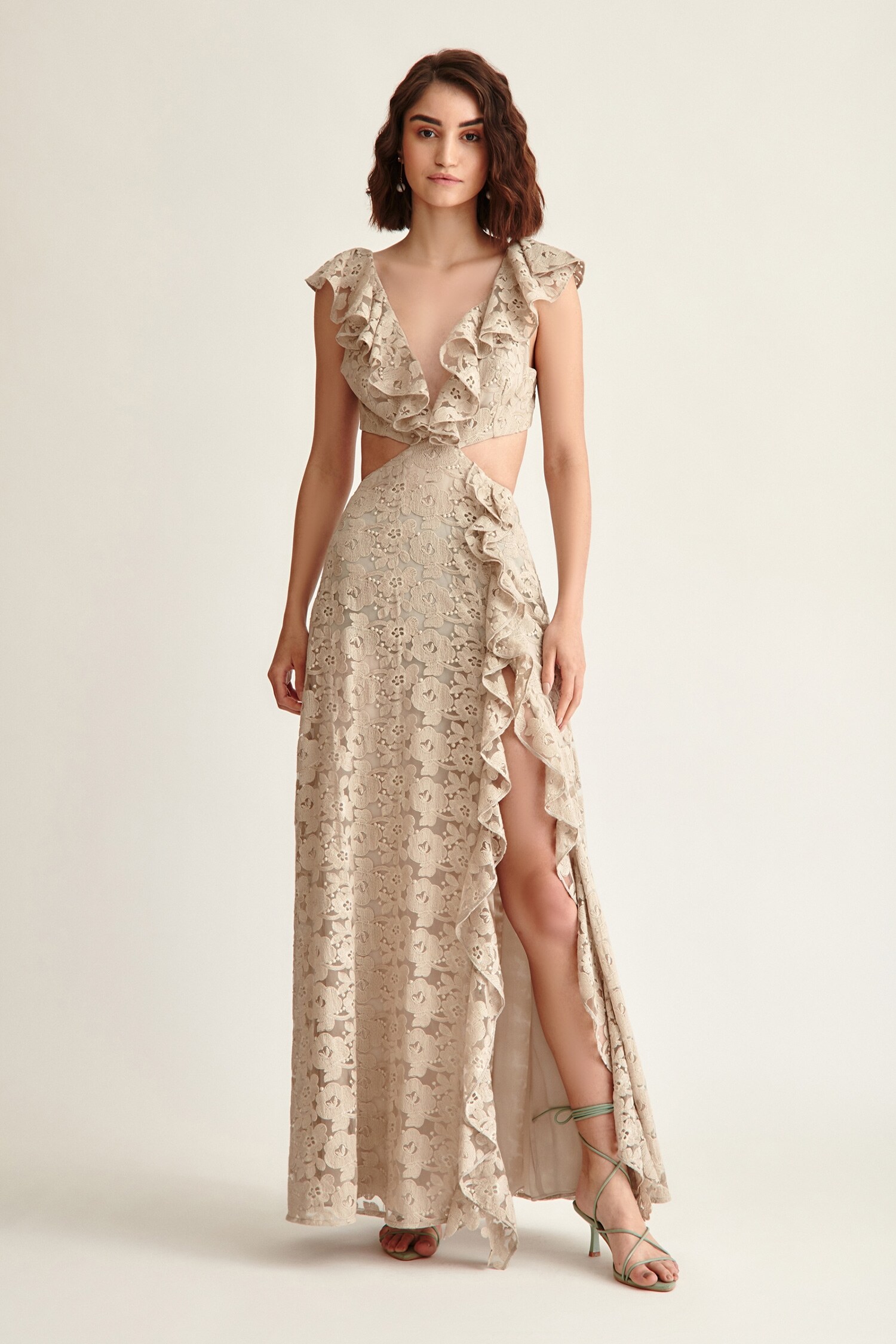 Buy Pankaj & Nidhi Beige Helios Lace Work Dress Online | Aza Fashions