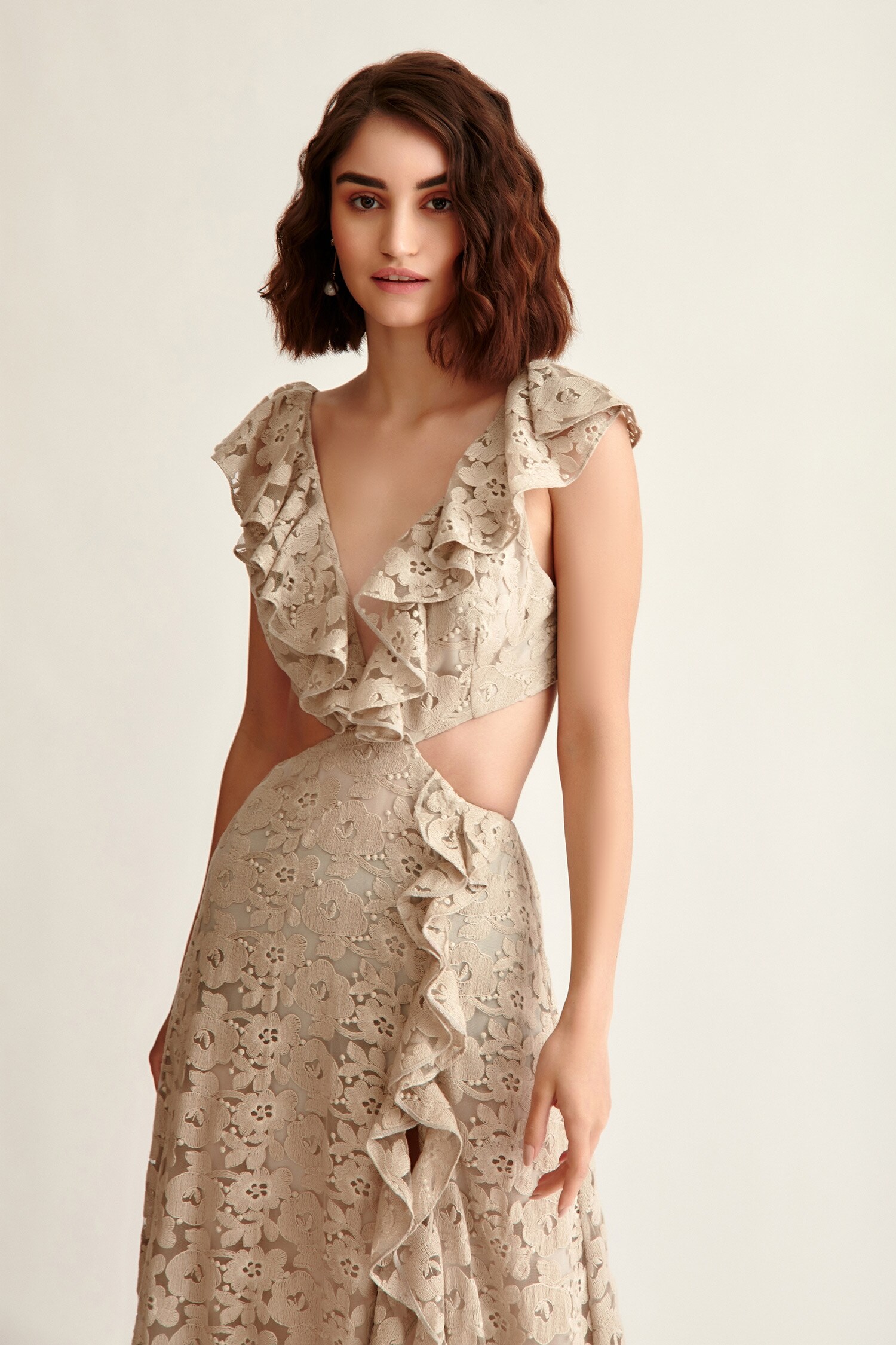 Buy Pankaj & Nidhi Beige Helios Lace Work Dress Online | Aza Fashions