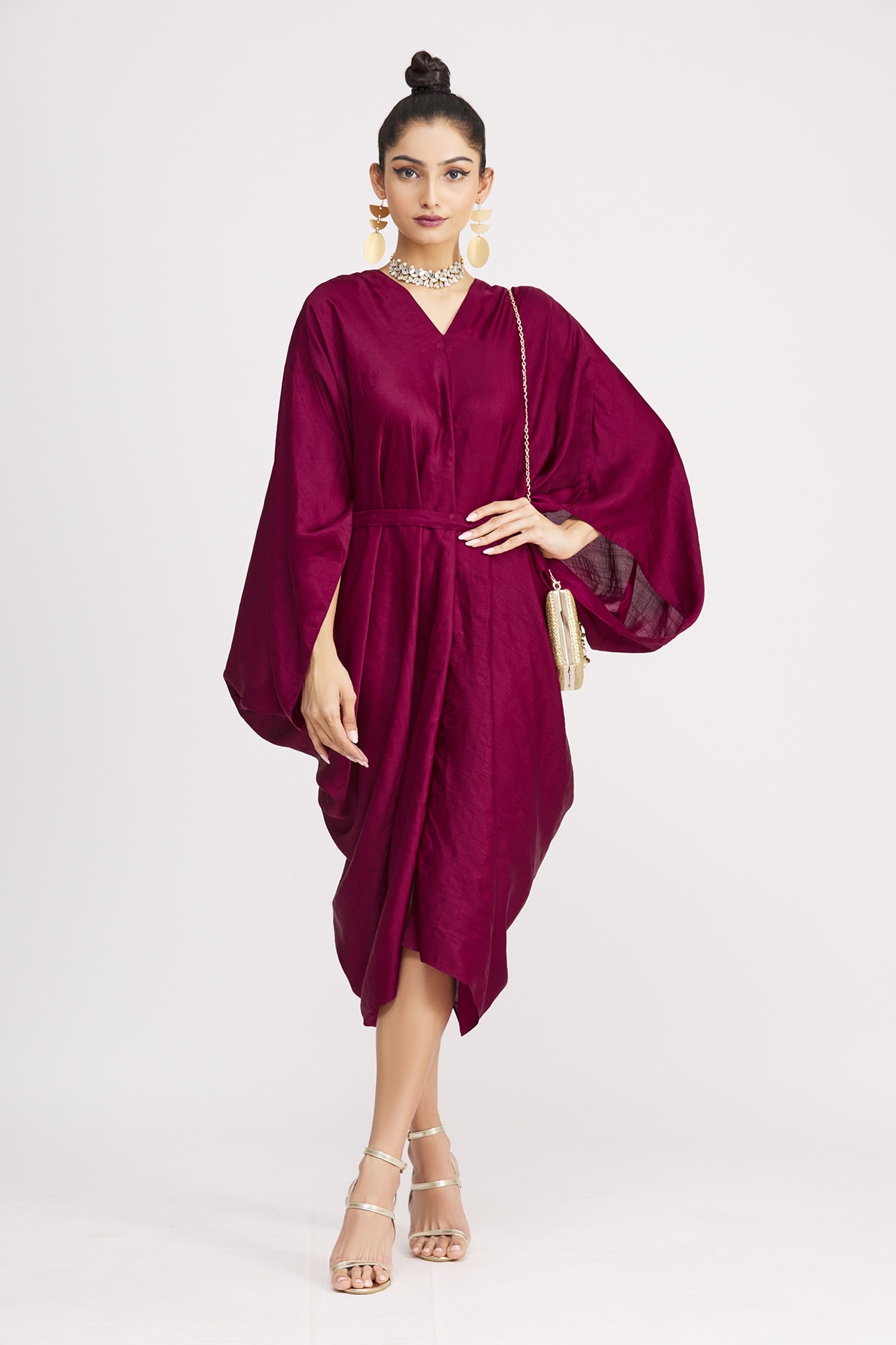 Buy Maroon Dupion Silk Plain V Neck Flared Sleeve Robe Dress For Women ...