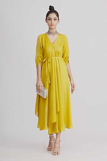 Buy Harsh Harsh Yellow Dupion Silk Draped Dress Online | Aza Fashions