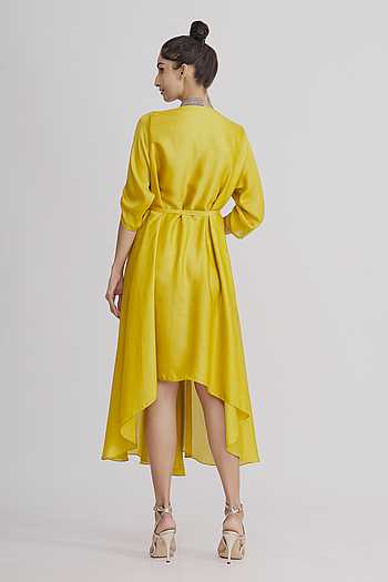 Buy Harsh Harsh Yellow Dupion Silk Draped Dress Online | Aza Fashions