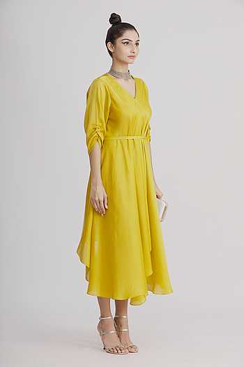 Buy Harsh Harsh Yellow Dupion Silk Draped Dress Online | Aza Fashions