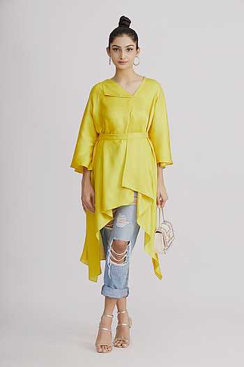 Buy Yellow Dupion Silk Plain Flap Neck Asymmetric Tunic For Women by ...