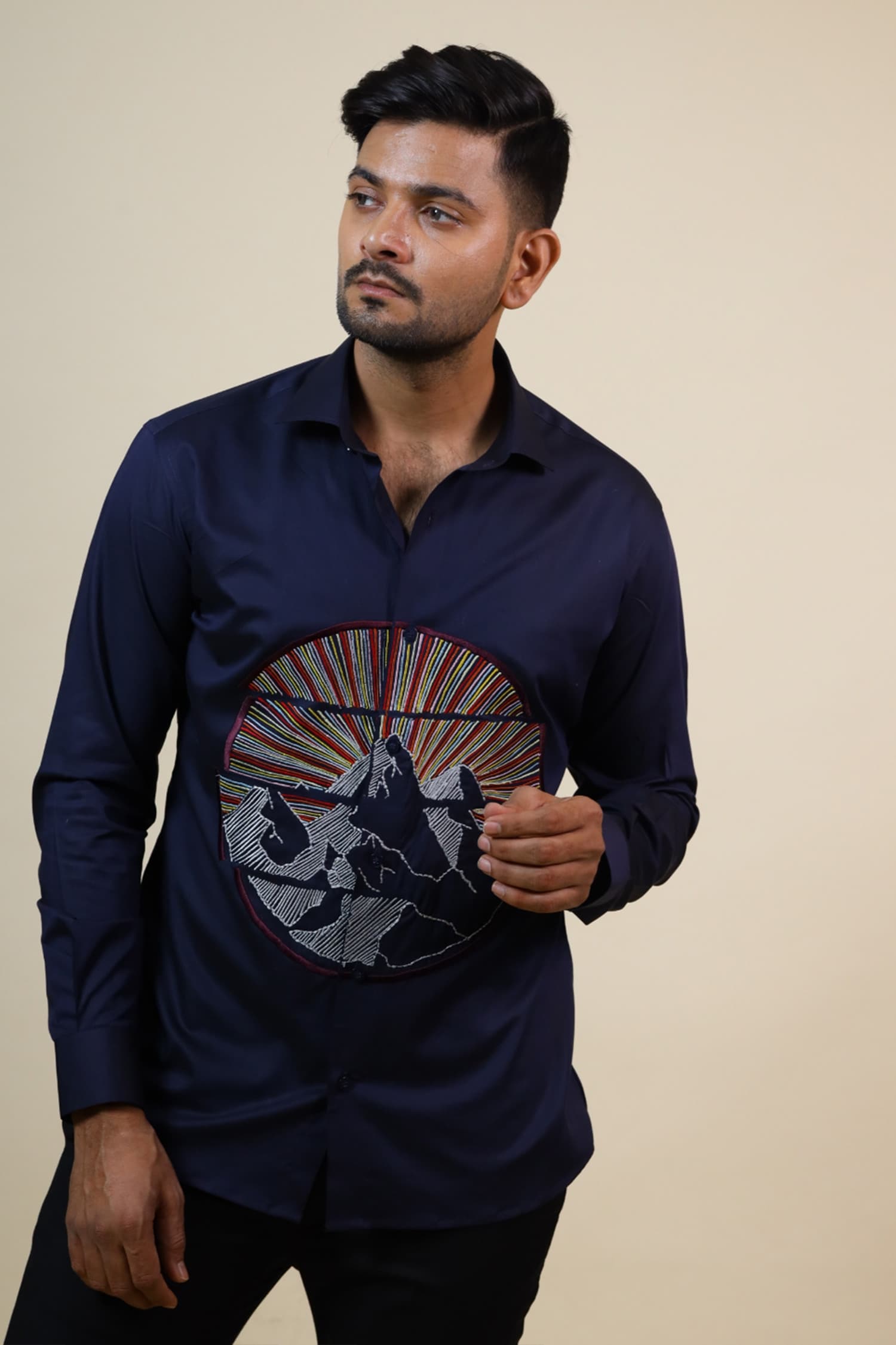 Buy Hilo Design Blue Giza Cotton Keitha Mountain Embroidered Shirt ...