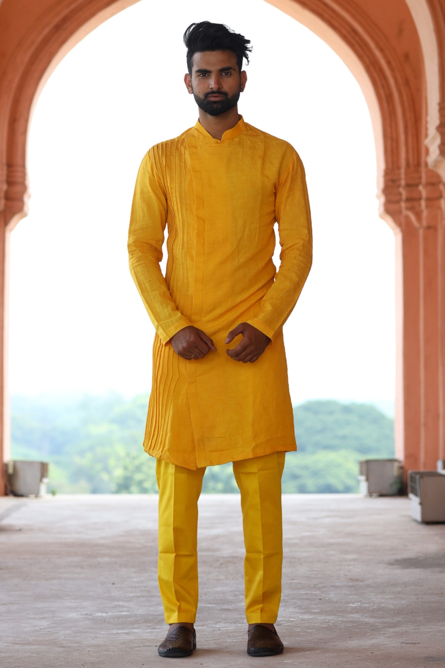 Buy Yellow Linen Cotton Silk Plain Avar Pleated Kurta For Men by Hilo ...