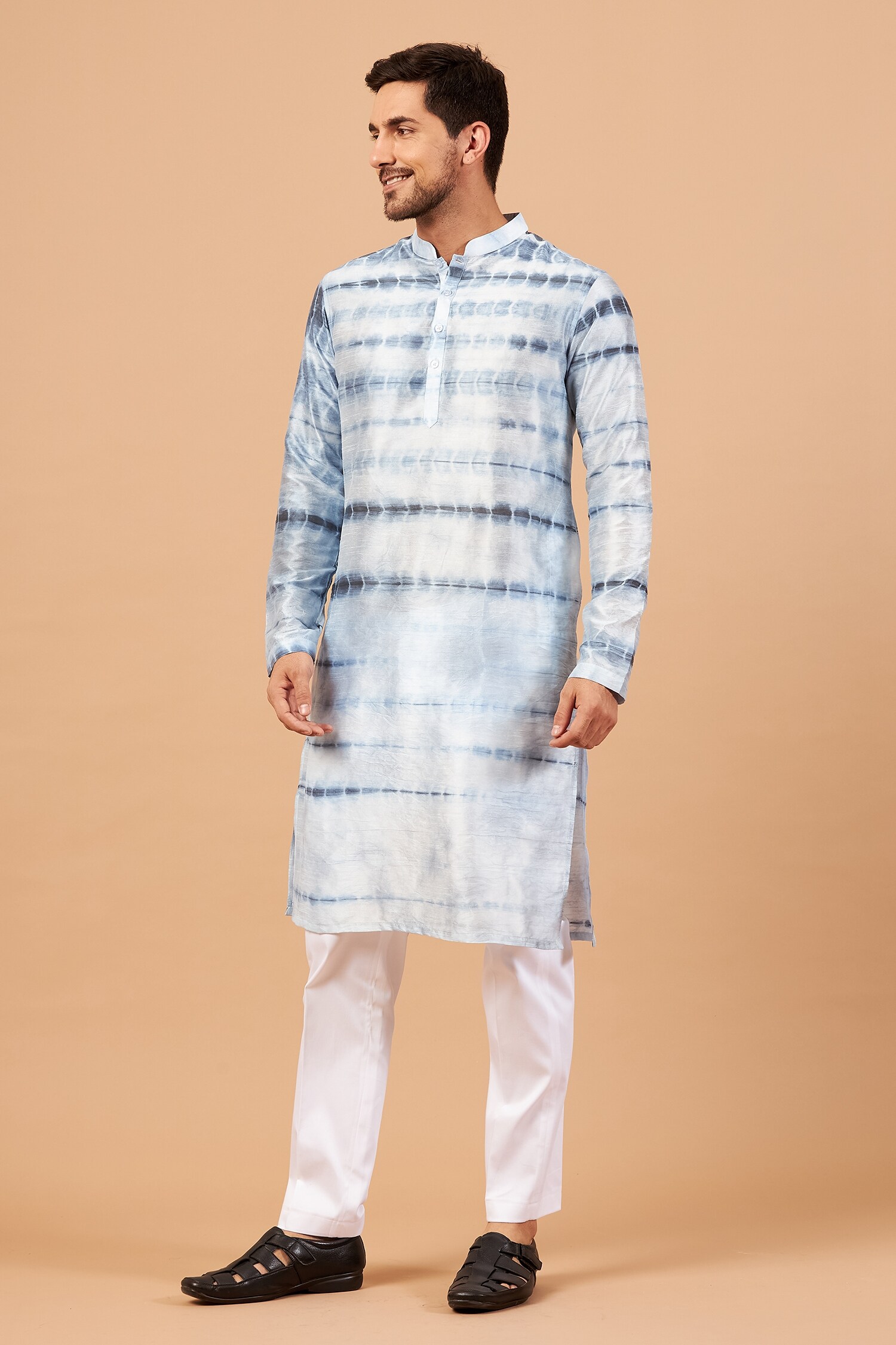Buy Hilo Design Blue Semi Raw Silk Blutin Tie Dye Kurta Online | Aza ...