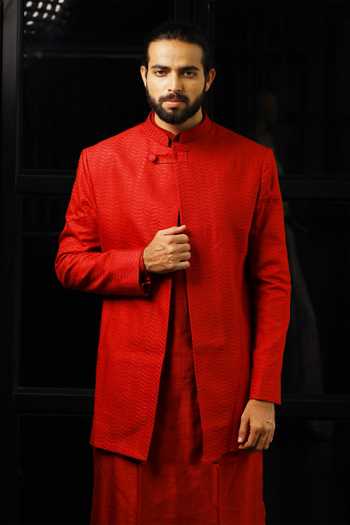 Buy Red Cotton Jacquard Woven Geometric Sherwani Set For Men by Hilo ...