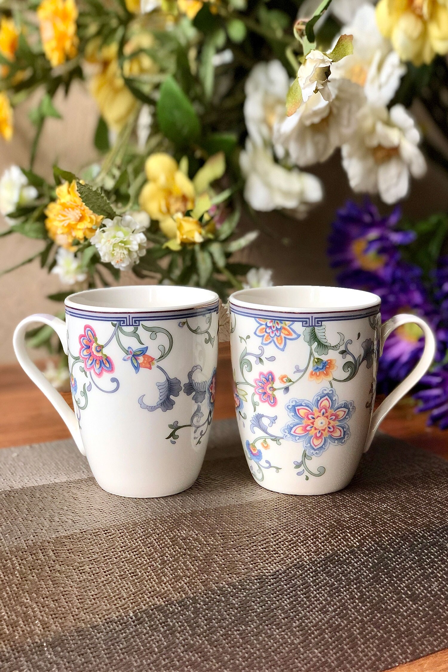 Vigneto White Finest Premium Porcelain Flower Coffee Mugs Set Of 2