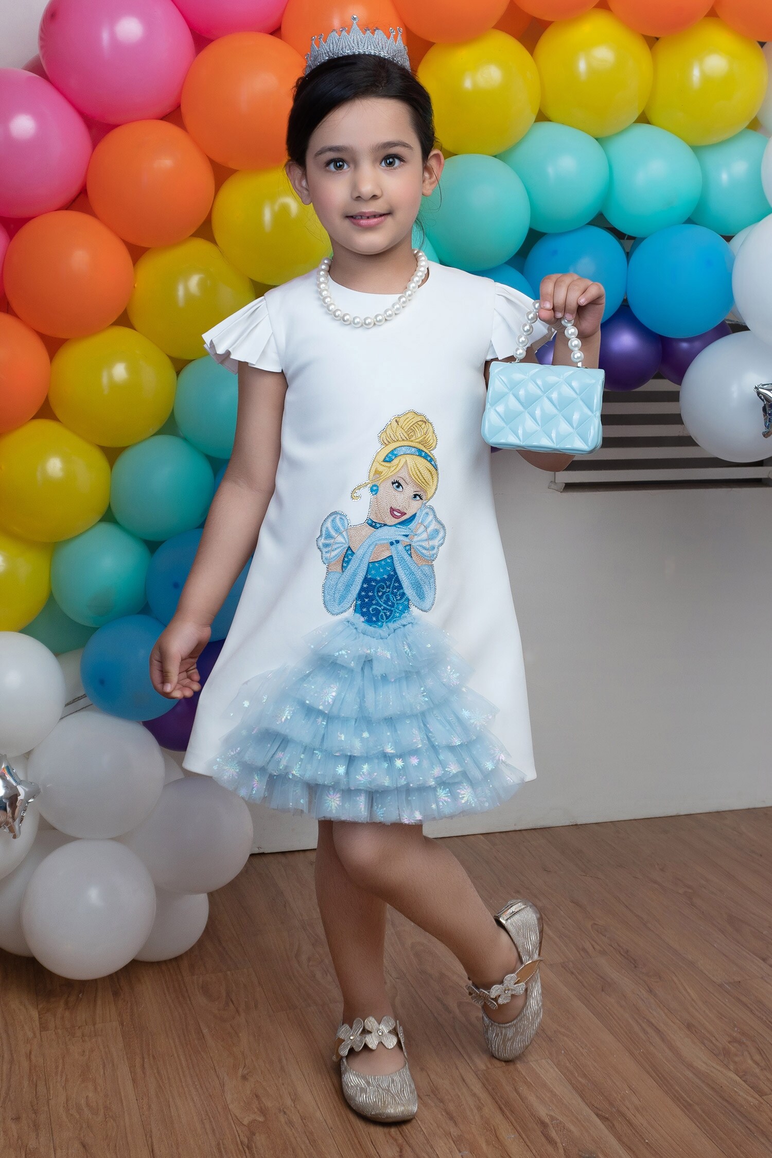 Buy White Crepe Embroidered Cinderella Motif Dress For Girls by Hoity ...