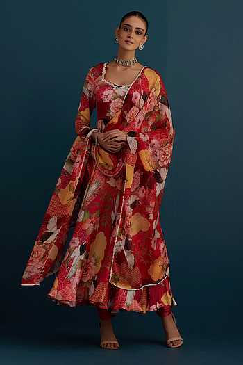 Buy Red Silk Printed And Embroidered Floral & Pearl Work V Neck ...