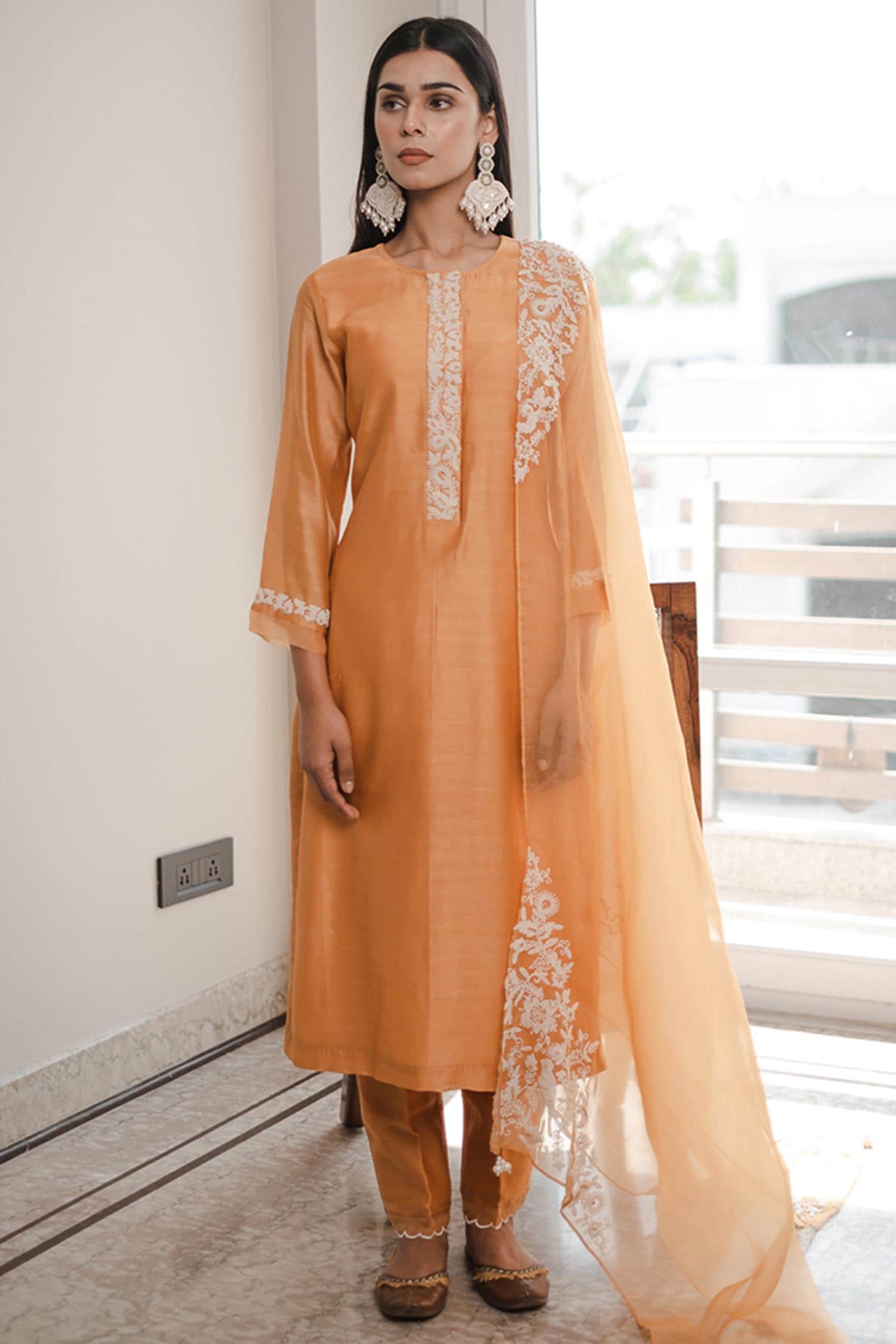 Buy House of Pink Orange Chanderi Kurta Set Online | Aza Fashions