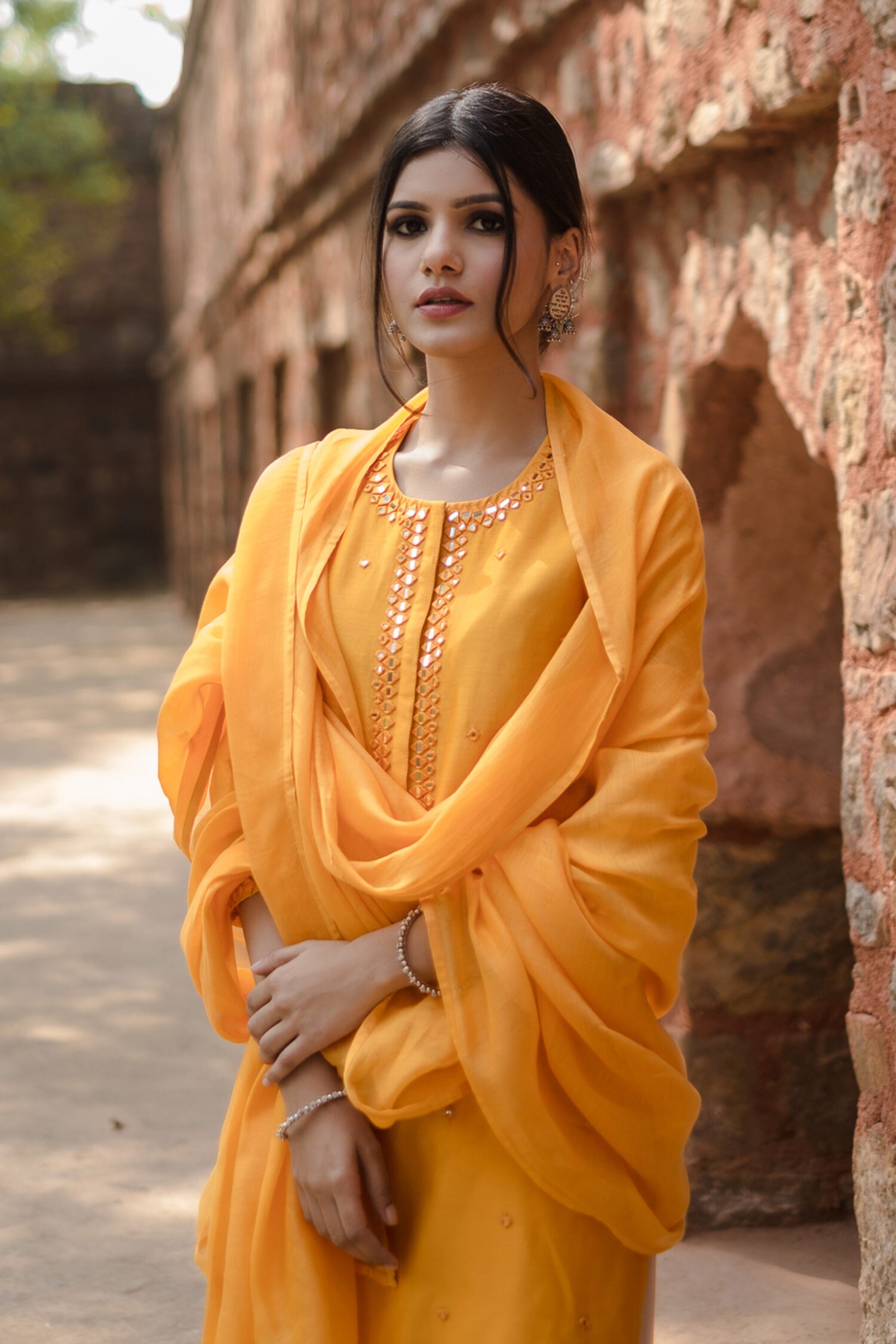 Buy House of Pink Orange Chanderi Kurta Set Online | Aza Fashions