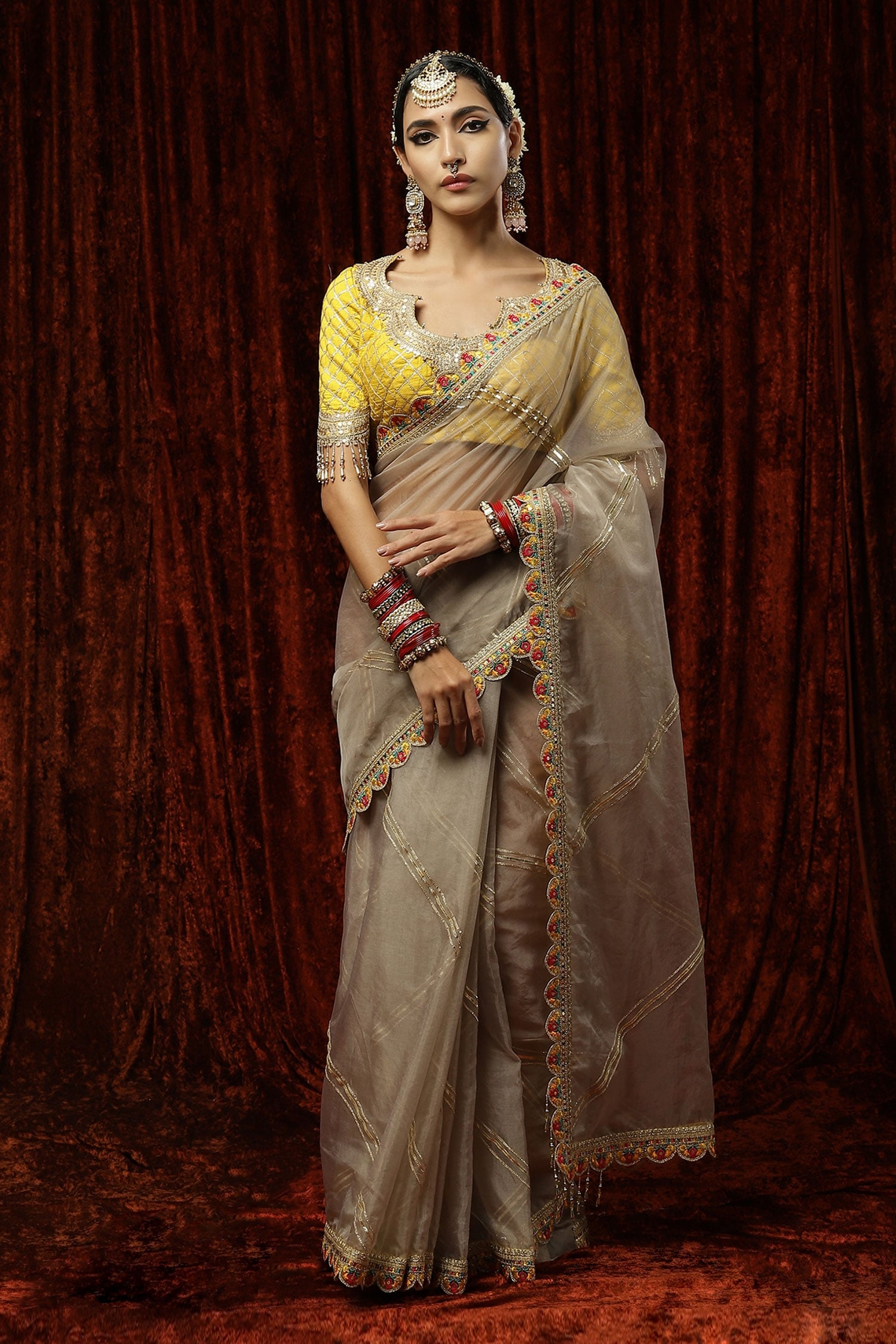 Buy Beige Embroidered Badla Scallop V Neck Silk Organza Saree With ...