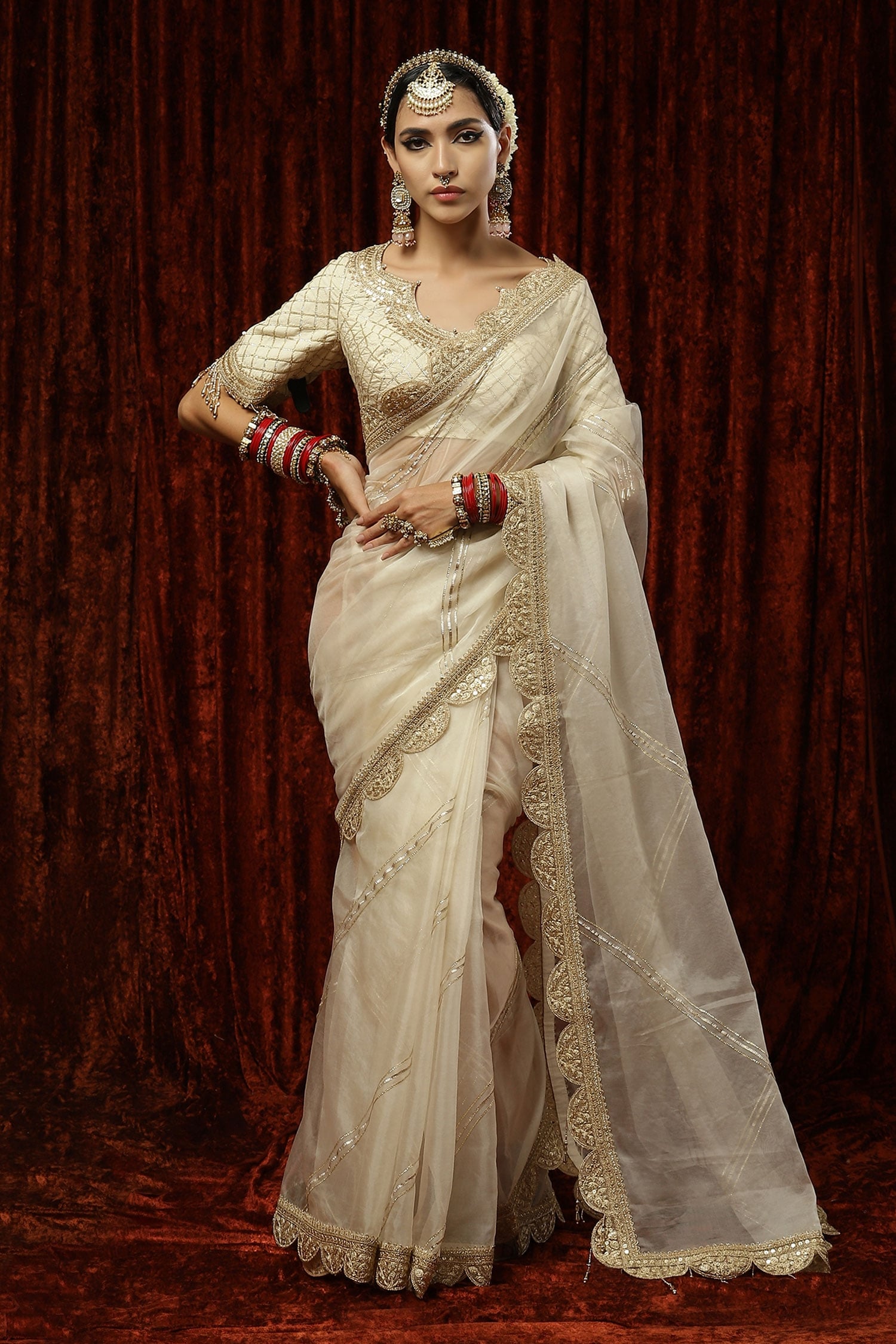 Buy Ivory Embroidered Badla Scallop Neck Saree With Silk Chanderi ...