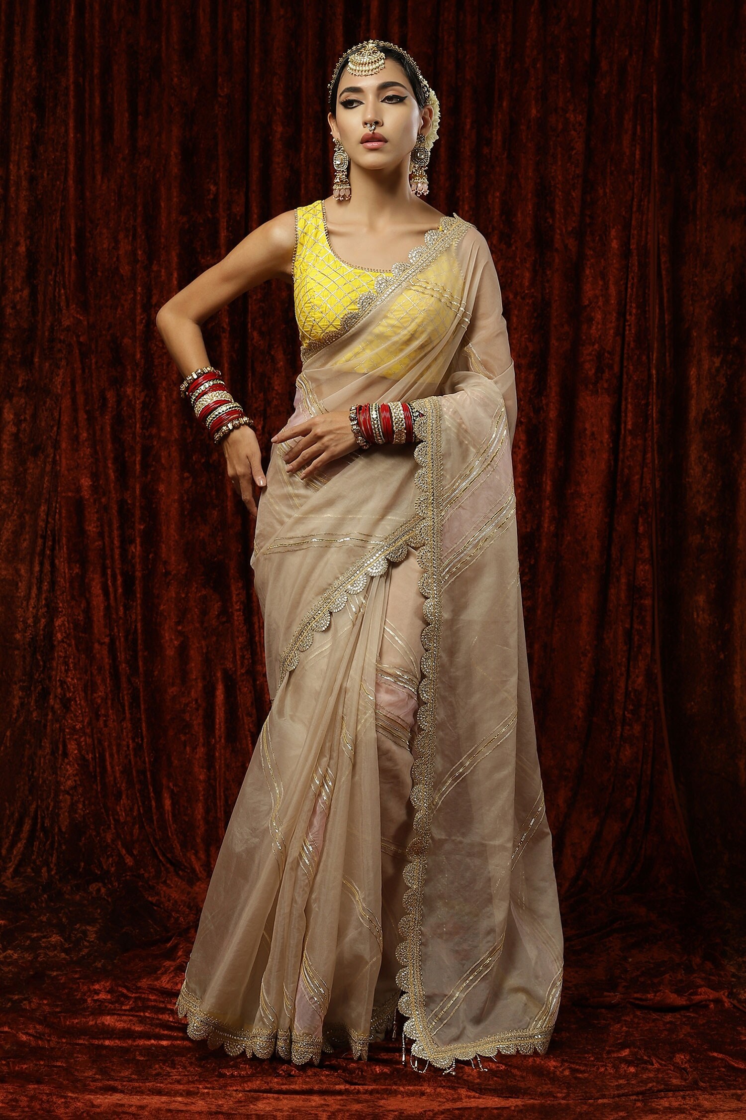 Buy Gold Embroidered Badla Round Striped Saree With Blouse For Women by ...