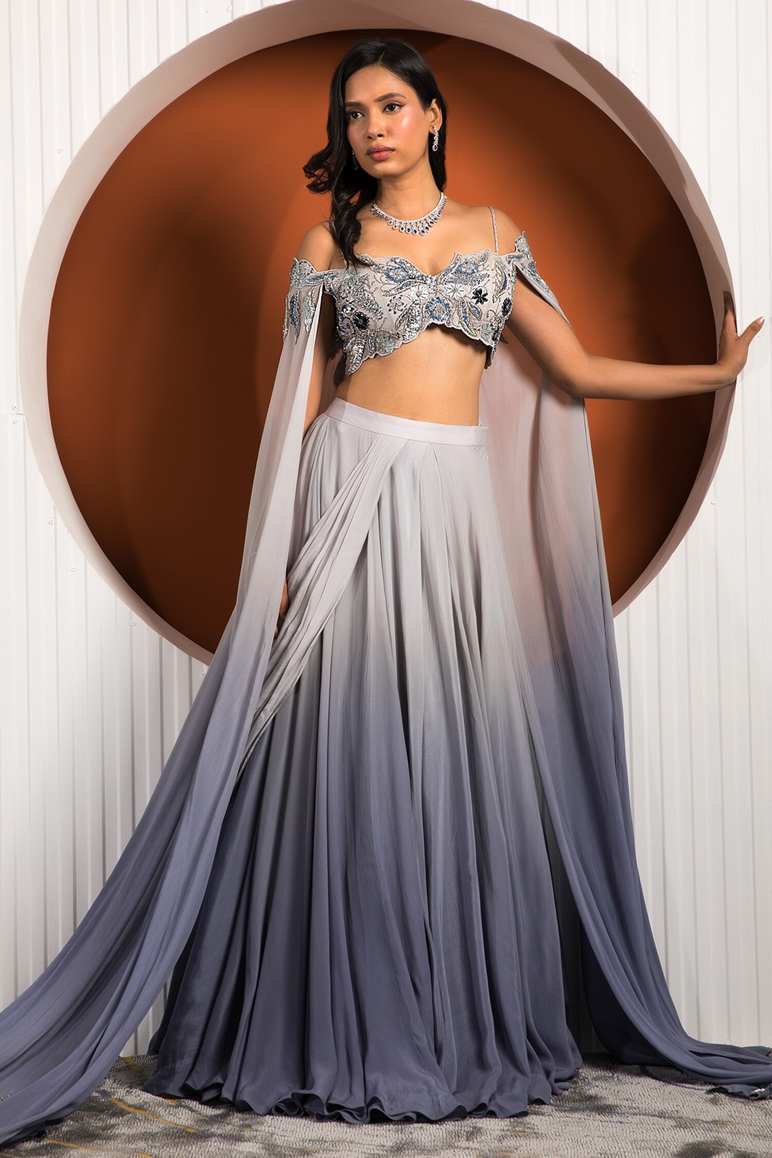 Buy Jade By Ashima Blue Crepe Columbine Blouse And Ombre Skirt Set ...