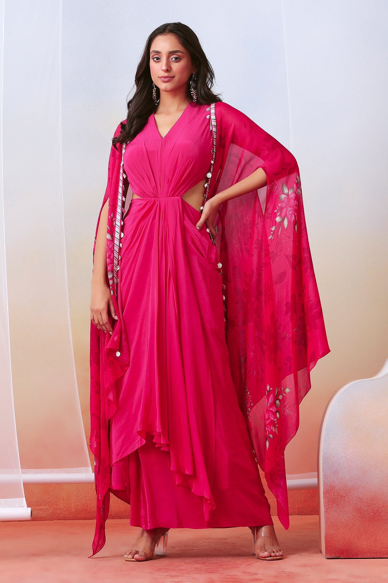 Buy Isha Gupta Tayal Pink Crepe Draped Gown With Cape Online | Aza Fashions