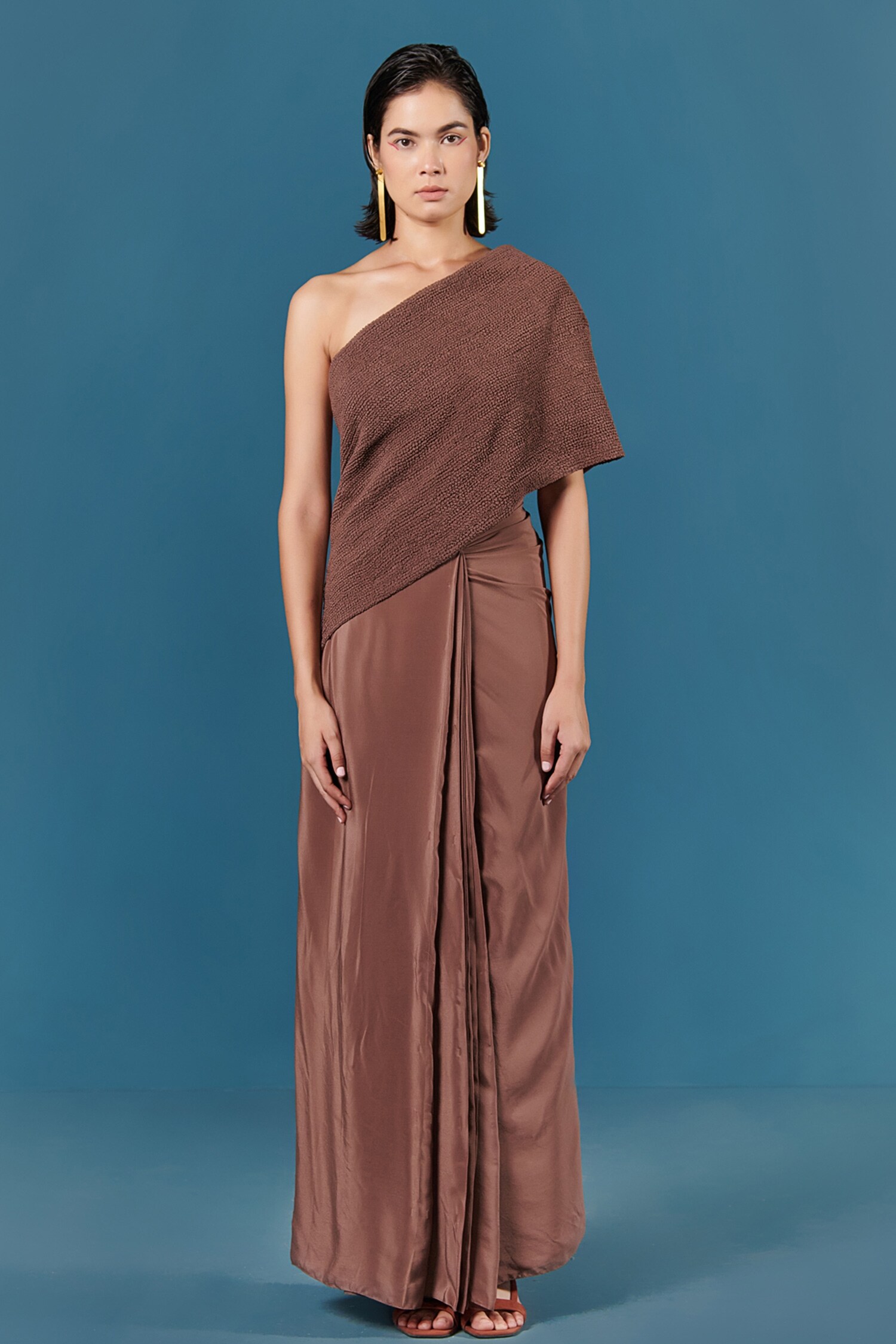 Buy Beige Silk Crepe Plain Asymmetric Pre-draped Saree Gown For Women ...