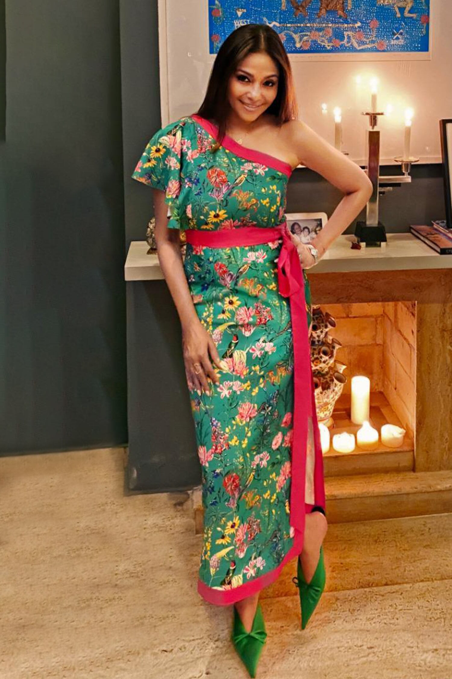 Buy Gaya Green Poly Crepe Printed One Shoulder Dress Online | Aza Fashions