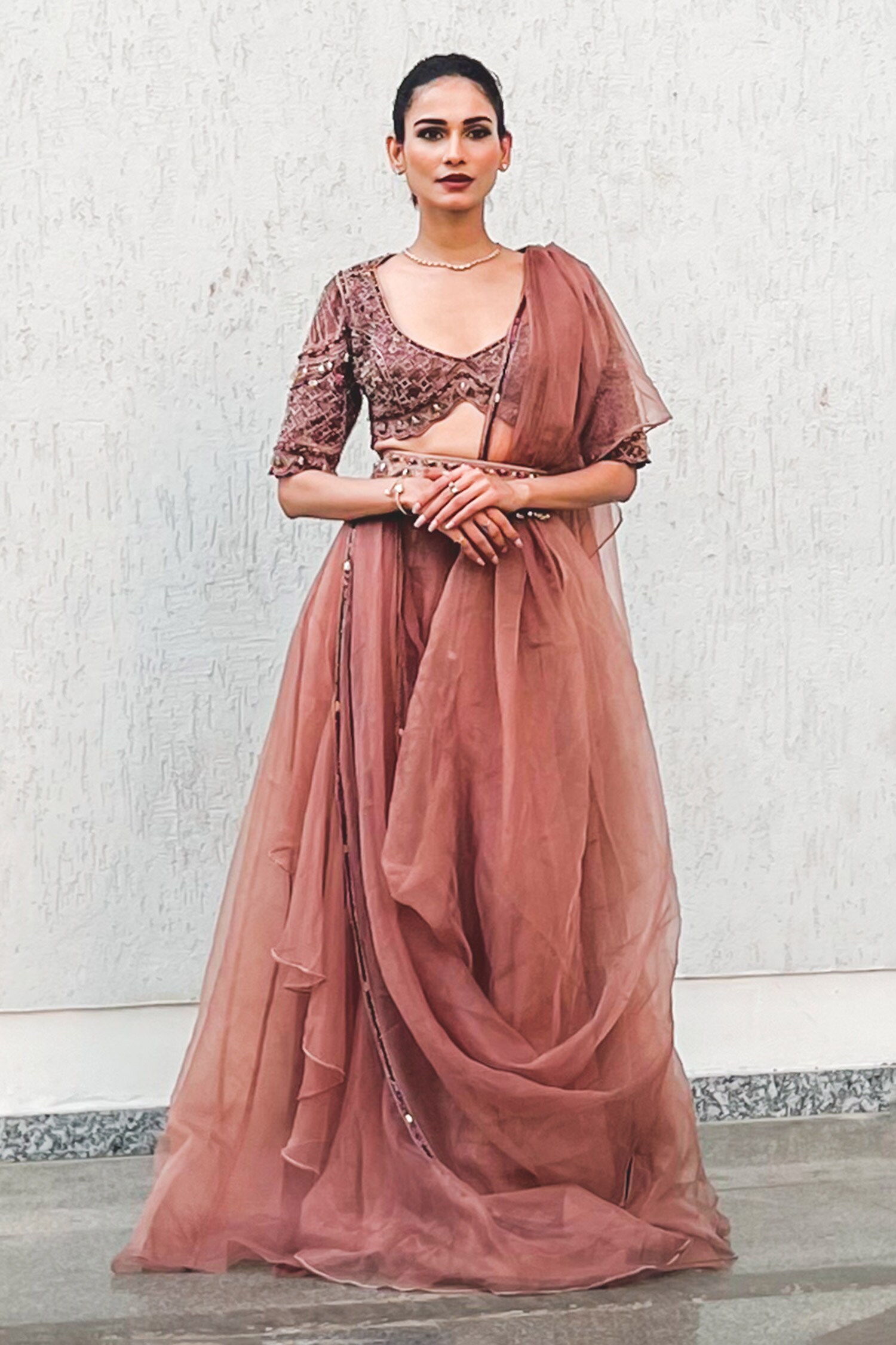 Buy Pink Blouse And Belt: Heavy Satin; Saree: Willow Pre-draped Ruffle ...