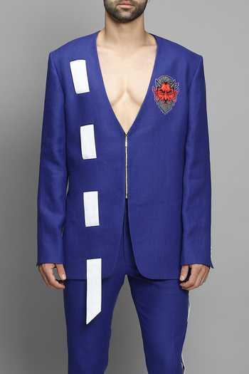 Buy Blue Linen Embroidered Blazer And Pant Set For Men by Paresh Lamba ...