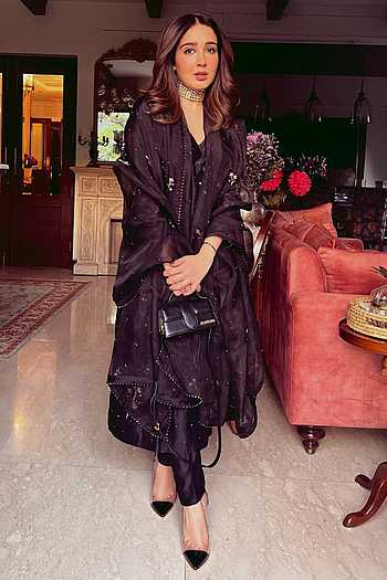 Buy Black Chanderi V Neck Kurta Set For Women by Shikha Mehta Online at ...