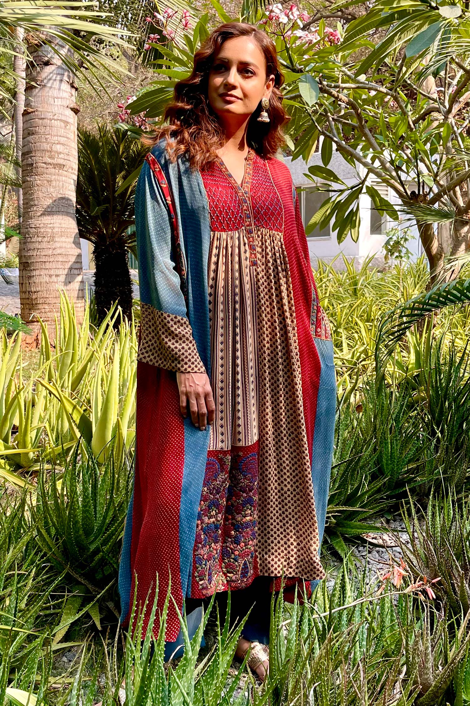 Buy Sunira Designs Multi Color Silk Georgette Ajrakh Print Panelled ...