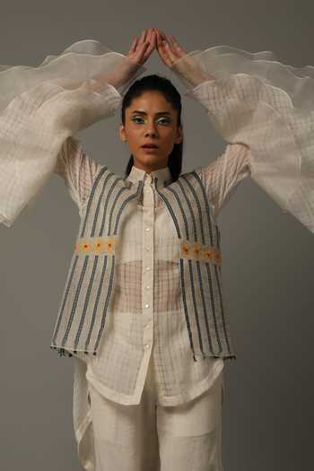 Buy White Handwoven Silk Stand Collar Shirt For Women by Amita Gupta ...