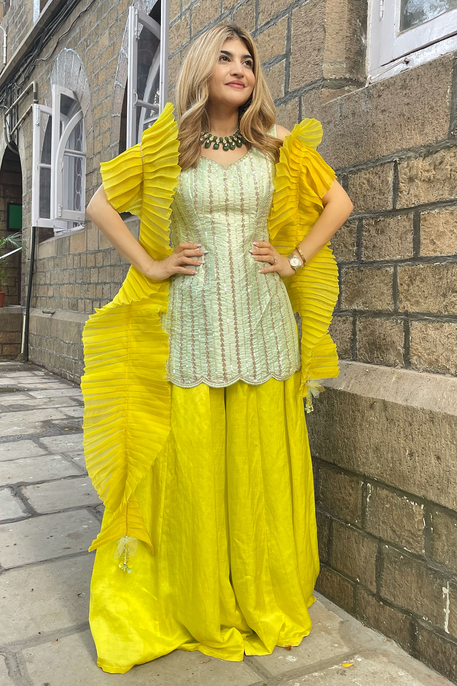 Buy Green Silk Taffeta V Neck Embroidered Kurta Set For Women by ...