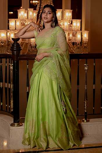 Buy Green Chanderi Embroidered Sequins Scoop Hand Block Print Lehenga ...