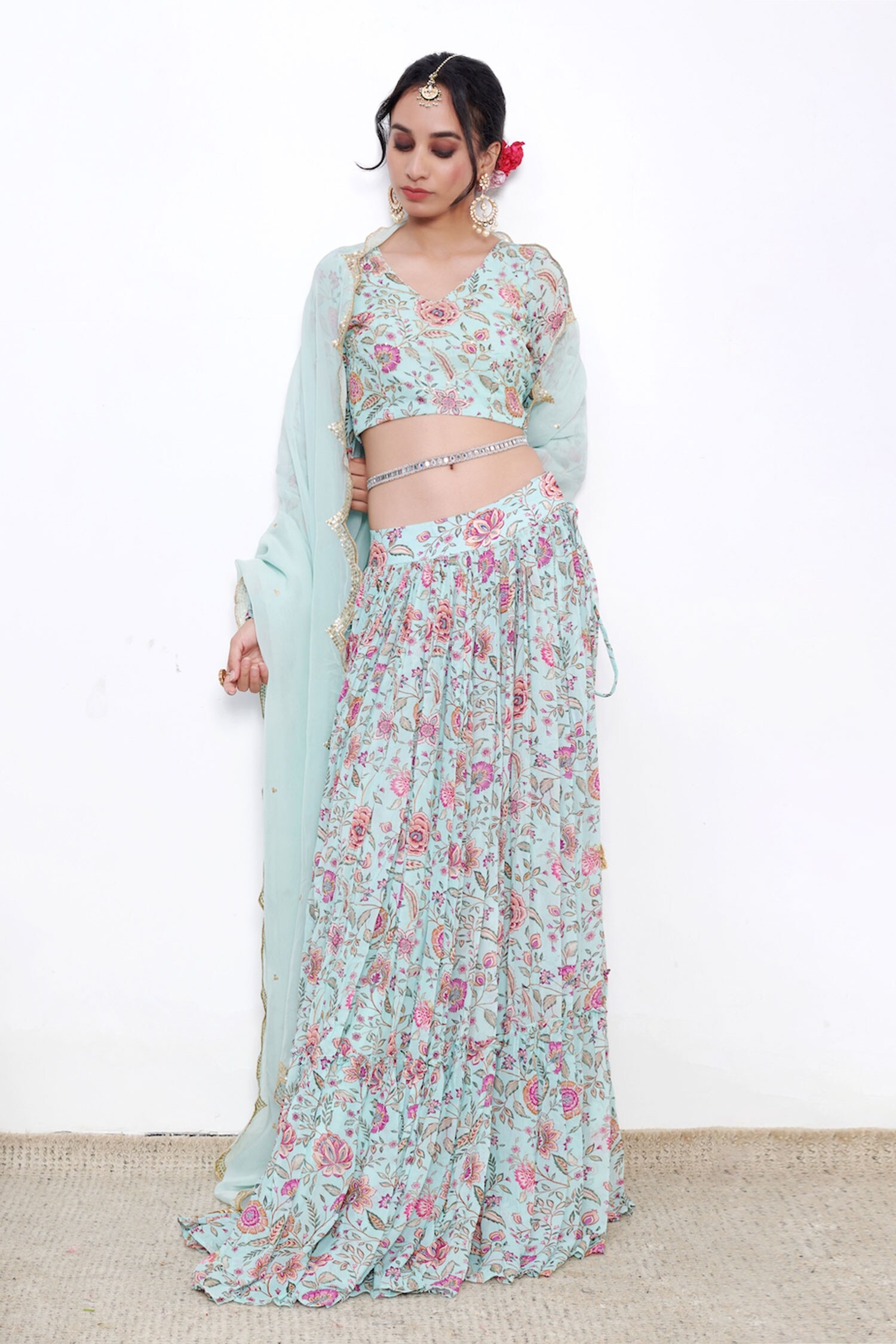 Buy Blue Georgette Printed Floral V Neck Lehenga Set For Women by ... Buy Blue Georgette Printed Floral V Neck Lehenga Set For Women by ...