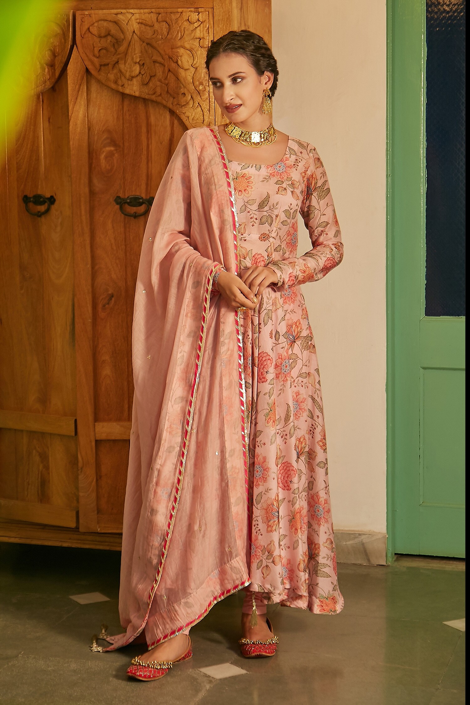 Buy Pink Anarkali Cotton Silk Printed Floral Round Set For Women By