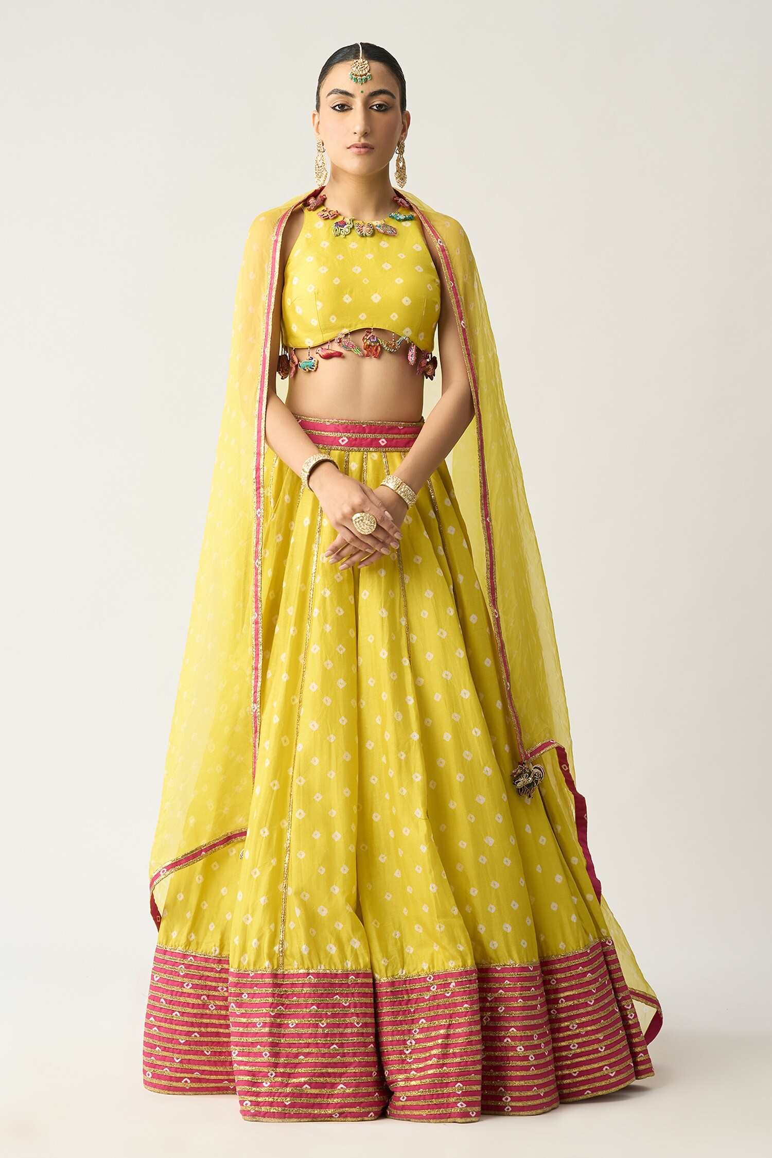 Buy Itrh Yellow Silk Chanderi Surajmukhi Bandhani Lehenga Set Online ...