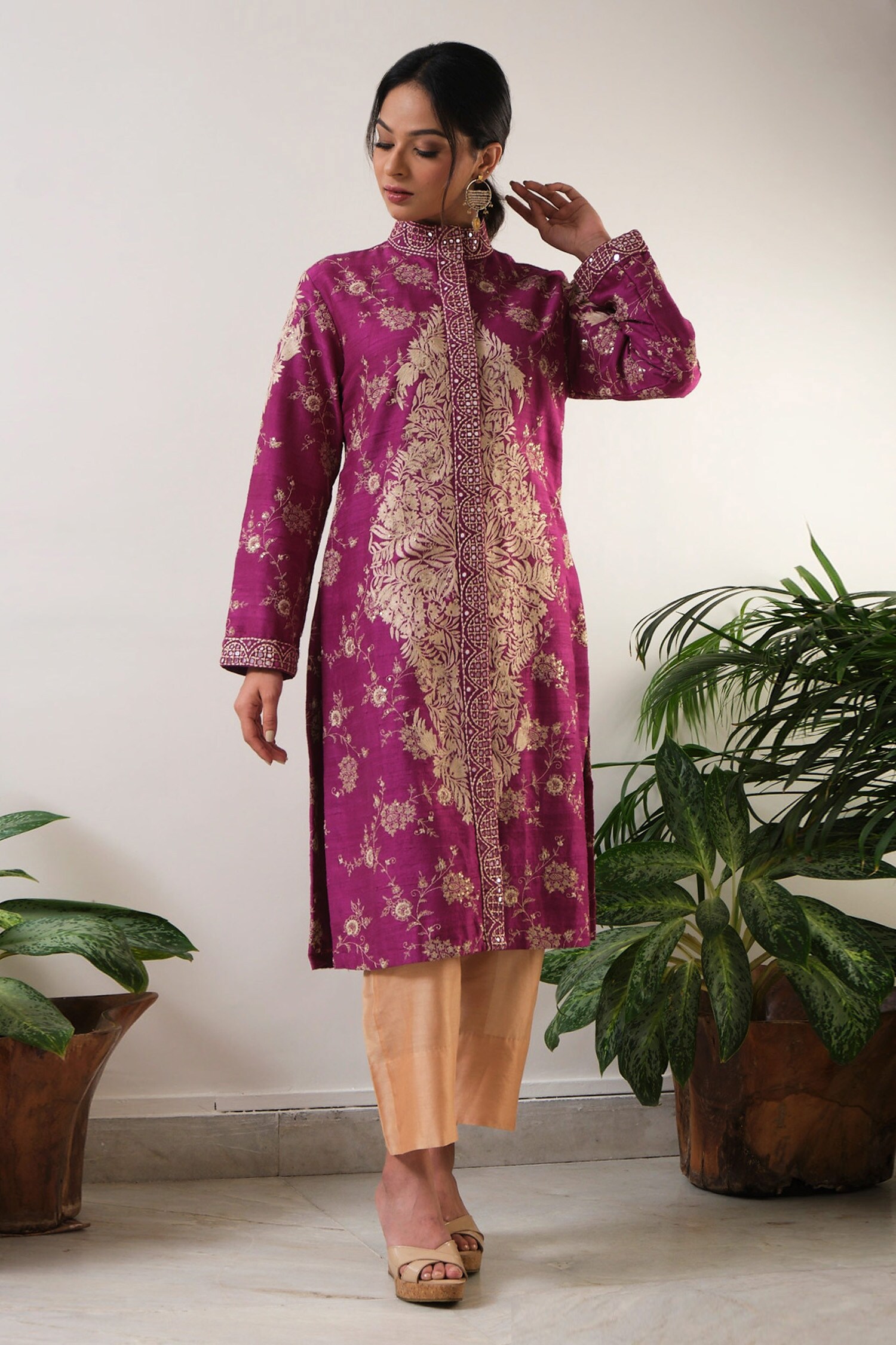 Buy Aditi Somani Purple Raw Silk Aari Work Jacket Kurta And Pant Set ...