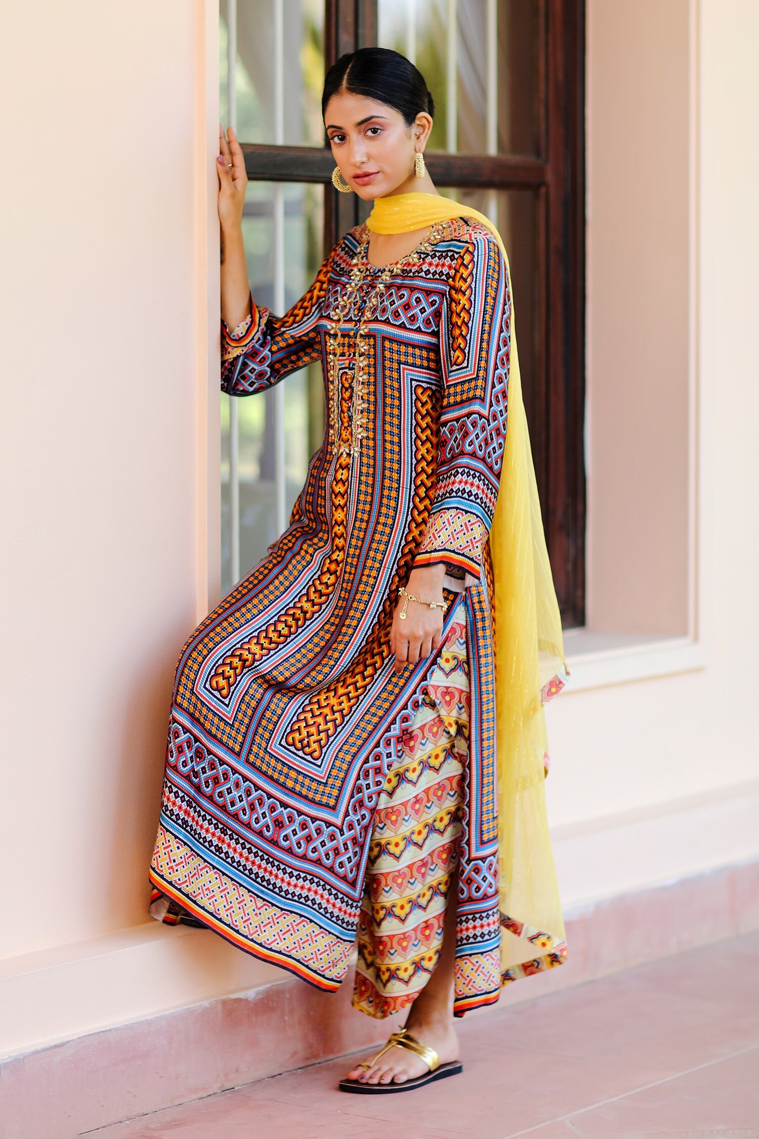 Buy Multi Color Silk Satin Blend Printed Abstract Round Kumud Kurta Set ...