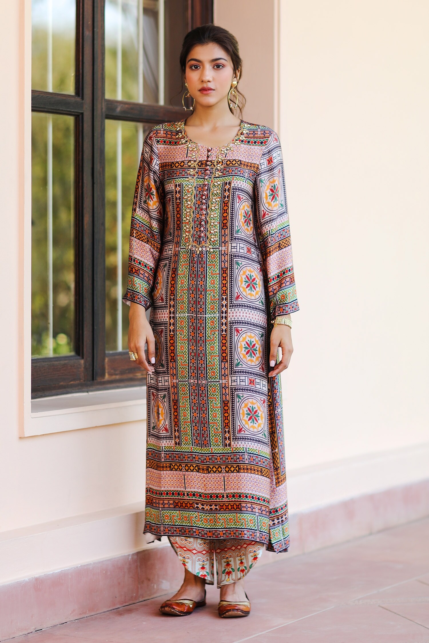 Buy Multi Color Silk Satin Blend Printed Geometric Round Kumud Kurta ...