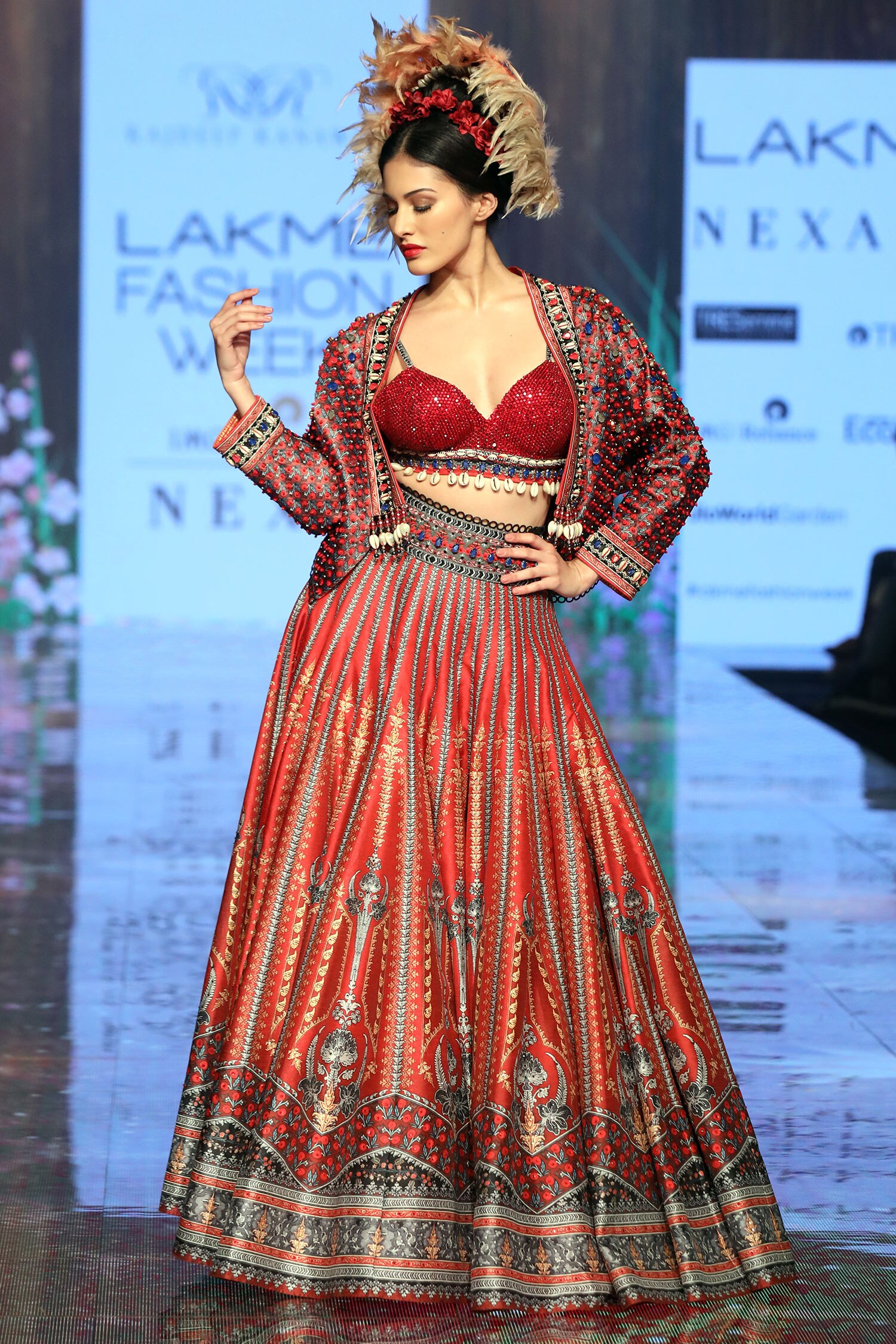 Buy Rajdeep Ranawat Red Polyester Embellished Jacket Lehenga Set Online ...