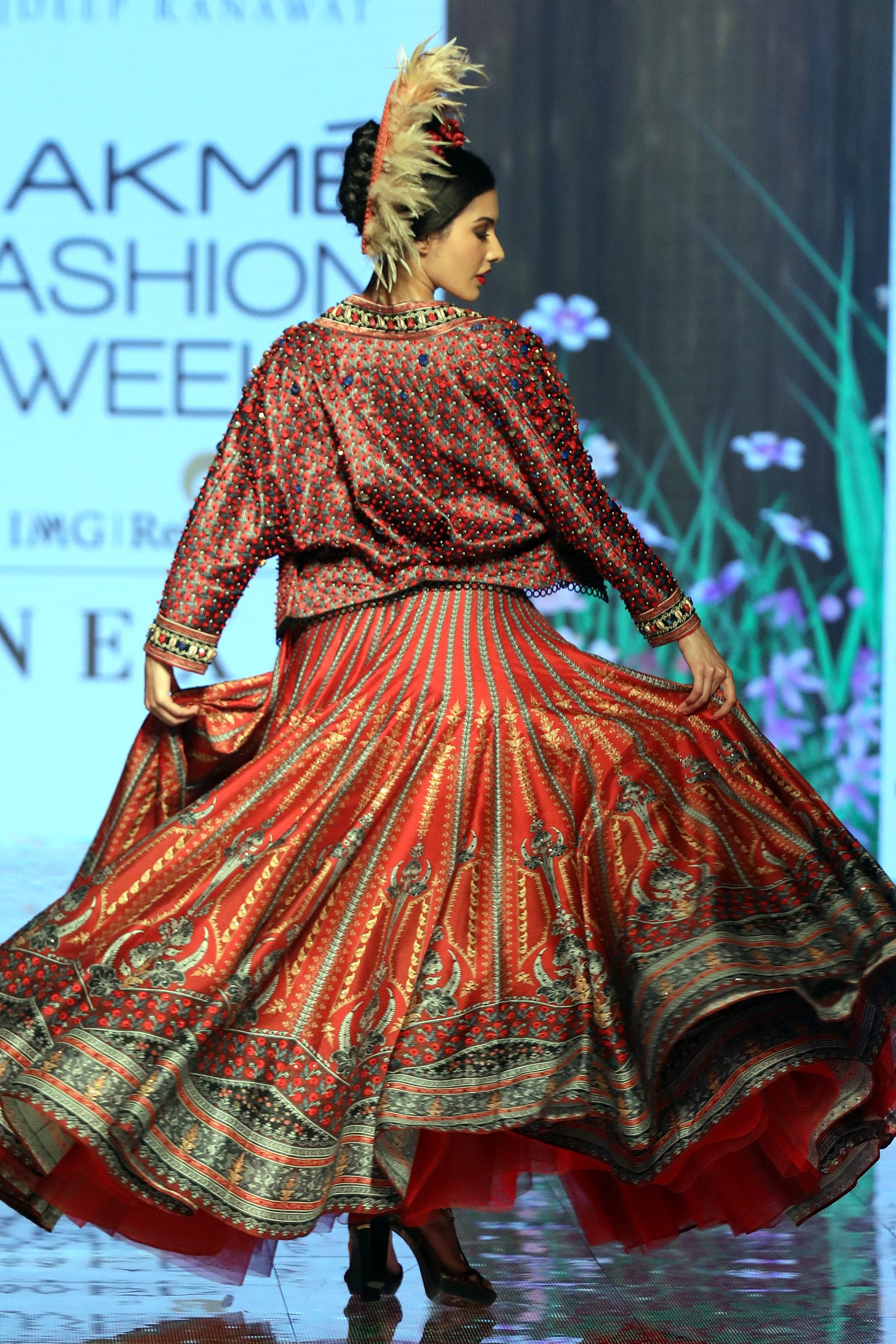 Buy Rajdeep Ranawat Red Polyester Embellished Jacket Lehenga Set Online ...