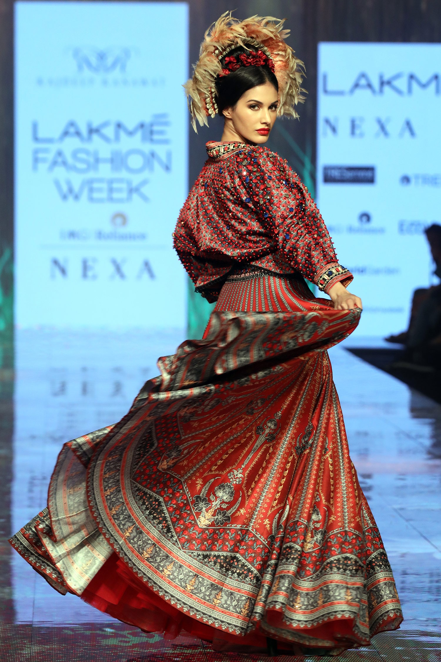 Buy Rajdeep Ranawat Red Polyester Embellished Jacket Lehenga Set Online ...