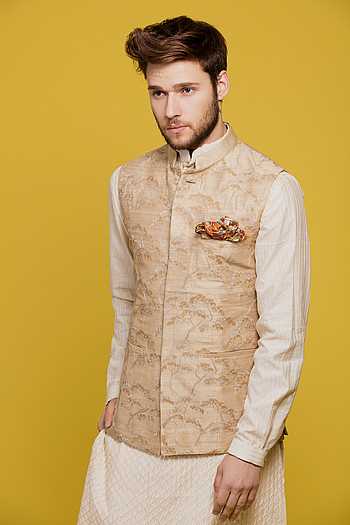 Buy Seven Beige Embroidered Silk Nehru Jacket Online | Aza Fashions