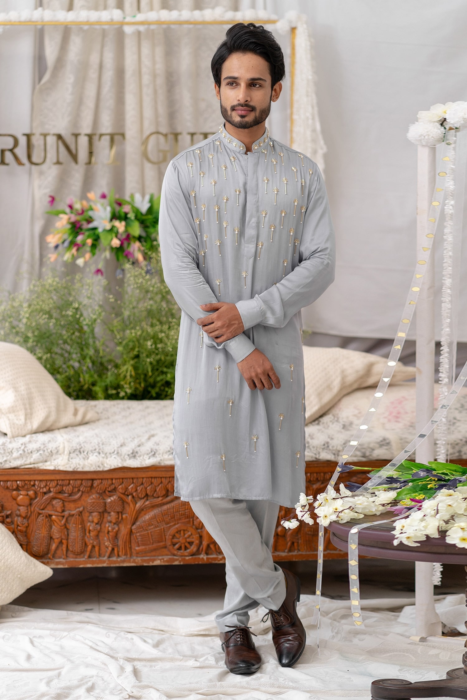 Buy Grey Pure Cotton Embroidered Geometric Kurta Set For Men by Runit ...