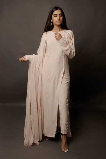 Buy Jasmine Bains Pink Embroidered Kurta Pant Set Online | Aza Fashions