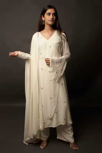 Buy Jasmine Bains White Cupro Georgette Embroidered Angarkha And ...